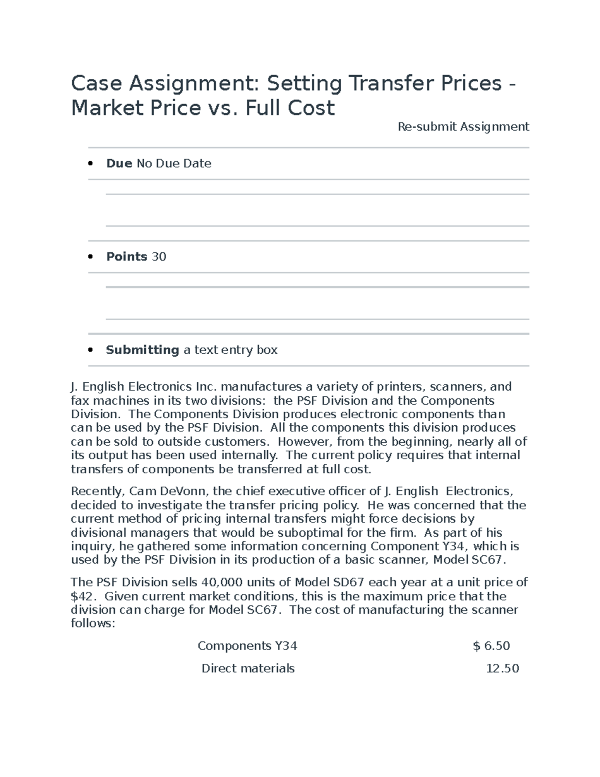 Case Assignment - costram - Case Assignment: Setting Transfer Prices ...