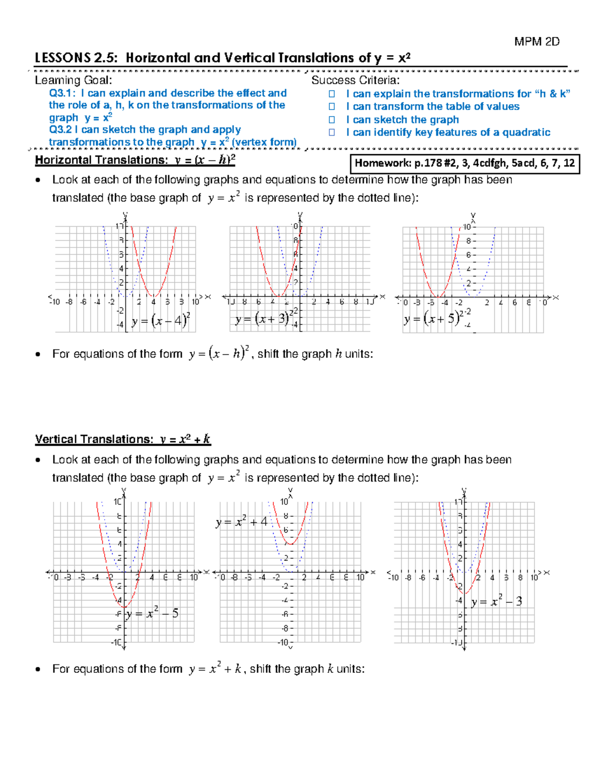 2.5 - Horizontal and Vertical Translations of y = x^2 ...