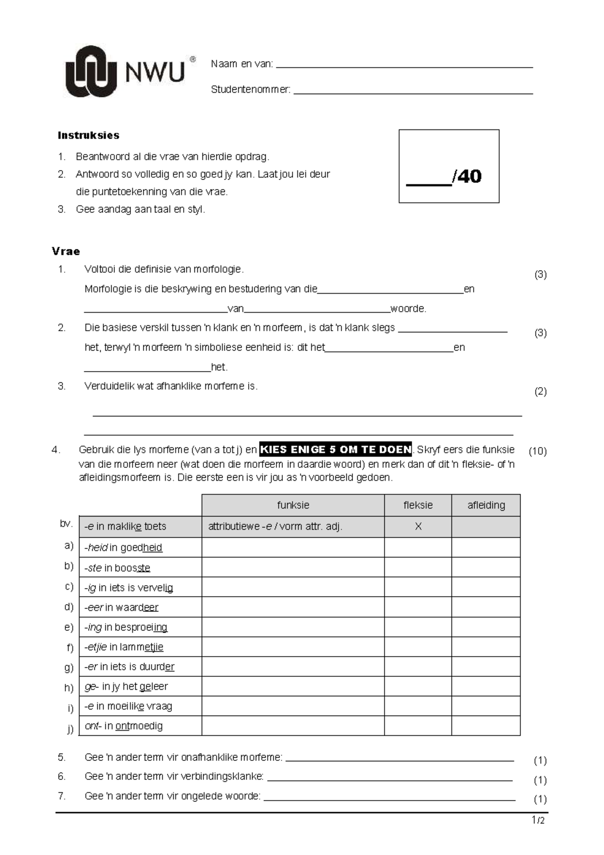 AFLL111-Morfologie-Opsionele opdrag - 1 / Naam en van: Studentenommer ...