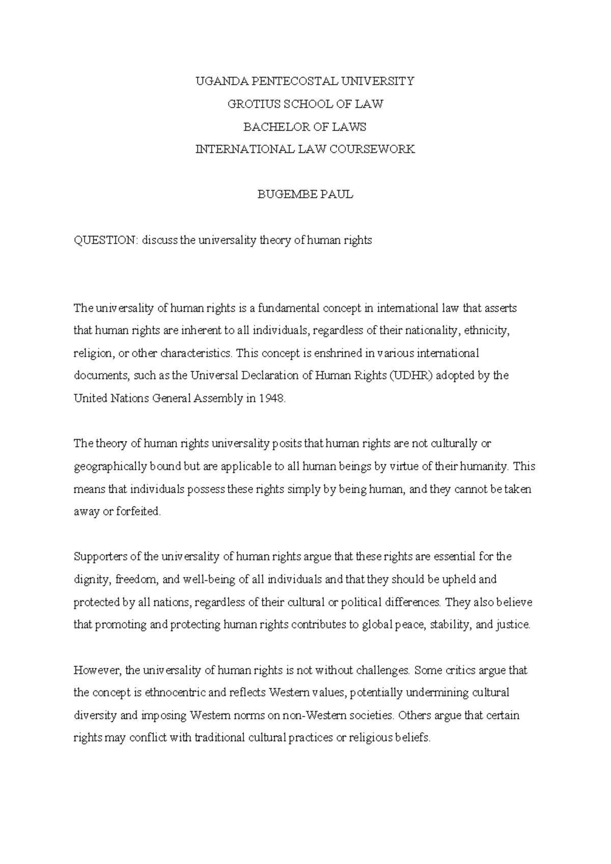 International LAW Coursework - UGANDA PENTECOSTAL UNIVERSITY GROTIUS ...