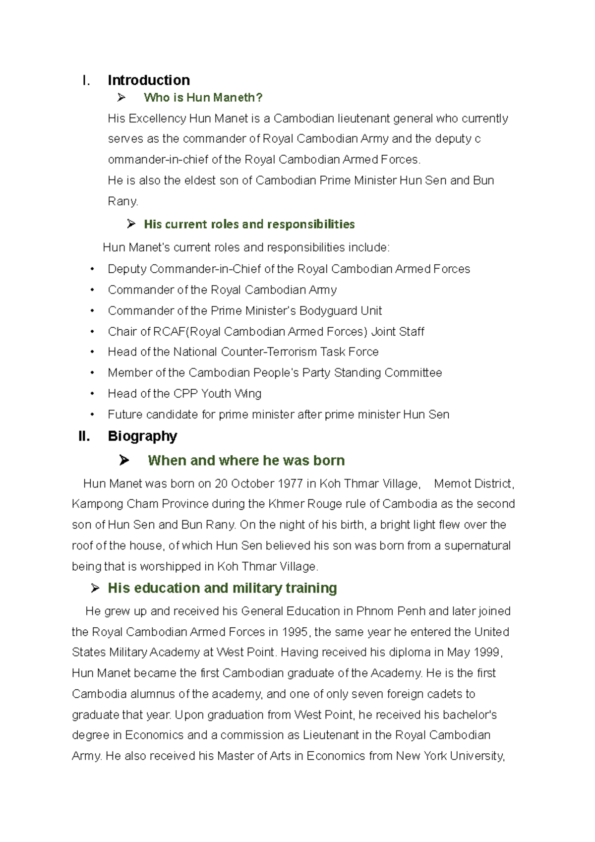 Assi Engish year1 - I. Introduction Ø Who is Hun Maneth? His Excellency ...