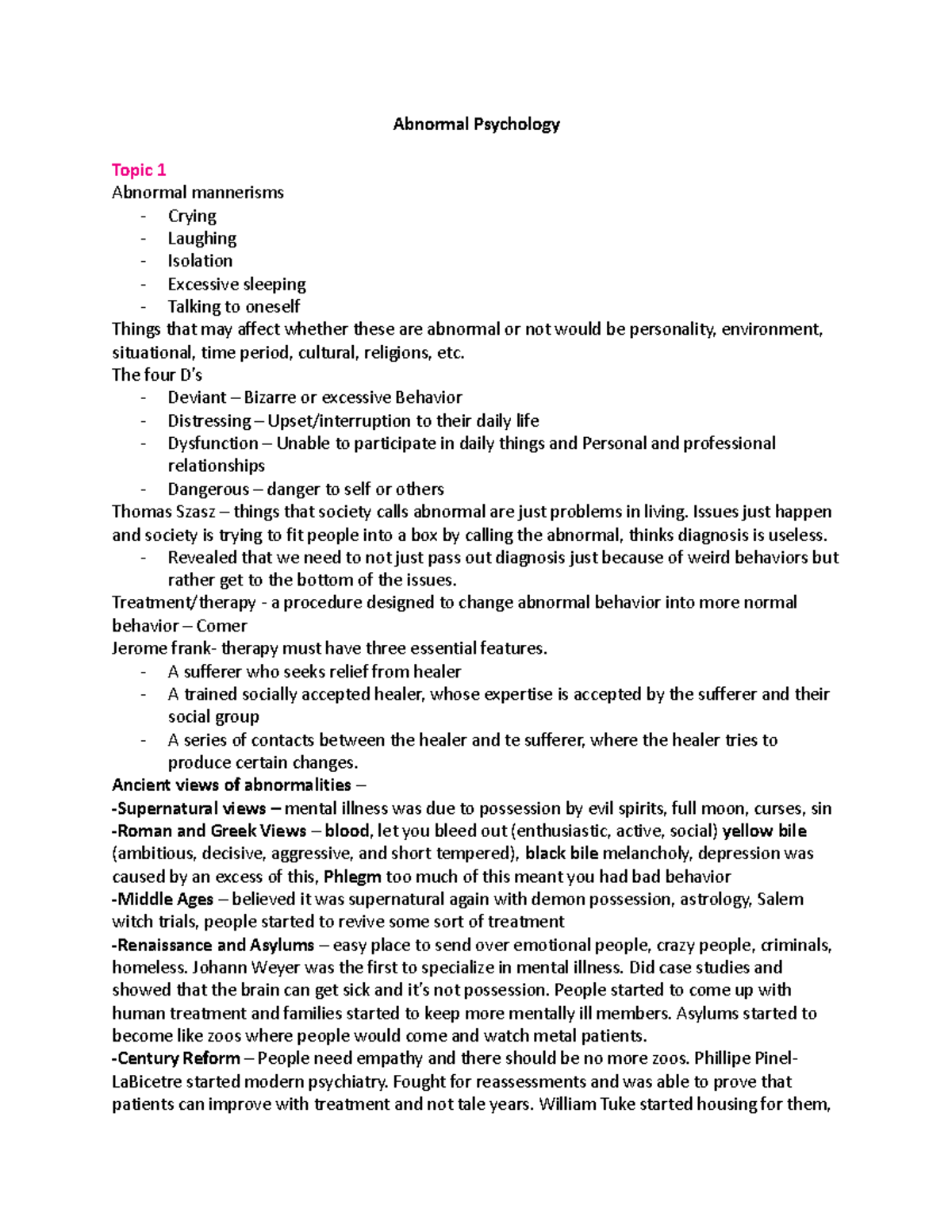 Abnormal Psychology Notes - Abnormal Psychology Topic 1 Abnormal ...