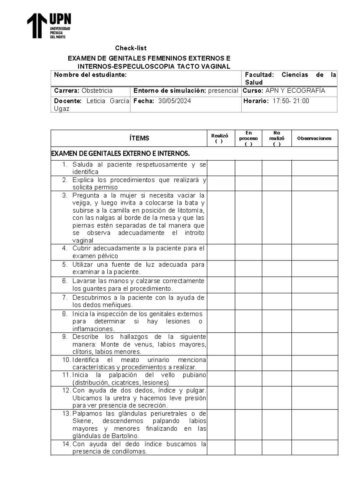 Checklist Final - hoja de la practica en laboratorio. - Check-list EXAMEN DE GENITALES FEMENINOS ...