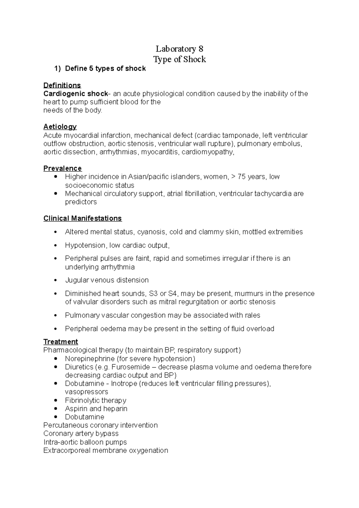 Laboratory 8 Shock - Laboratory 8 Type of Shock Define 5 types of shock ...