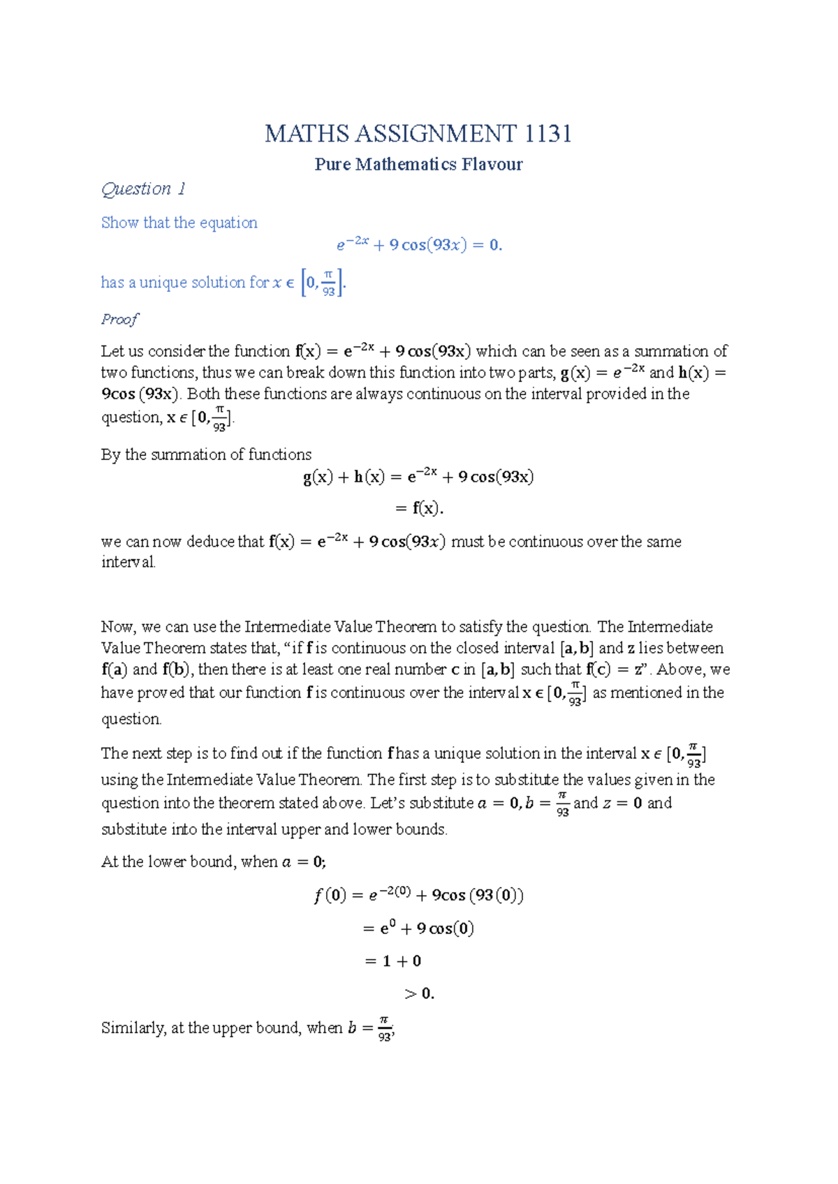 Maths Assignment 1131 - MATHS ASSIGNMENT 1131 Pure Mathematics Flavour Question 1 Show that the ...