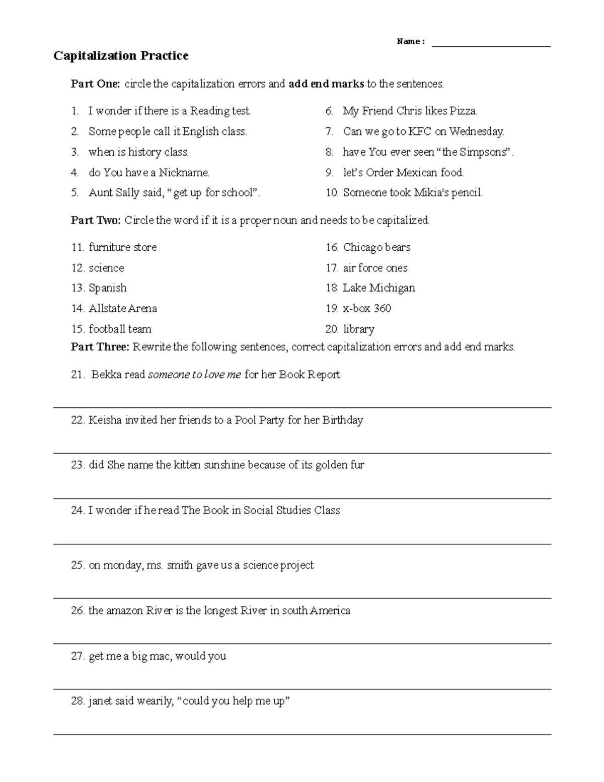 Capitalization-practice - Name: ____________________ Capitalization ...