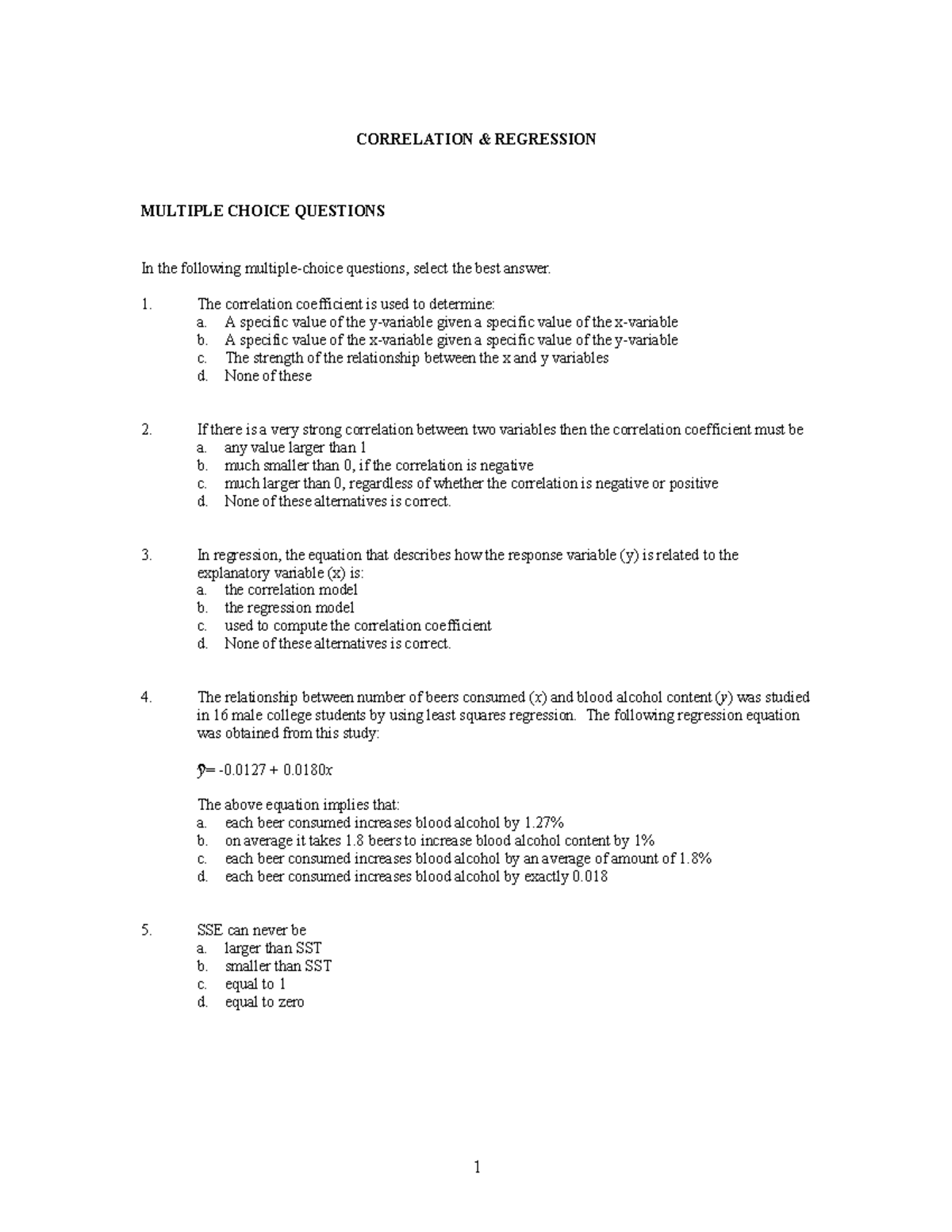 Top MC questions and answers of correlation and regression. - 1 CORRELATION & REGRESSION - Studocu