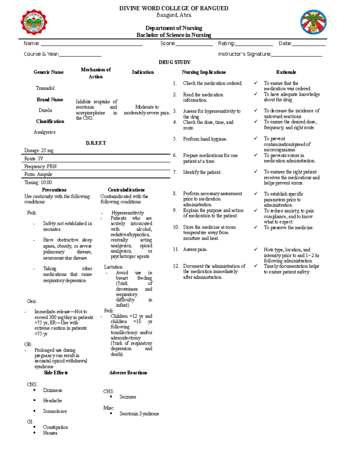 Toradol - Name: Score: Rating: Date: Course & Year: Instructor’s ...