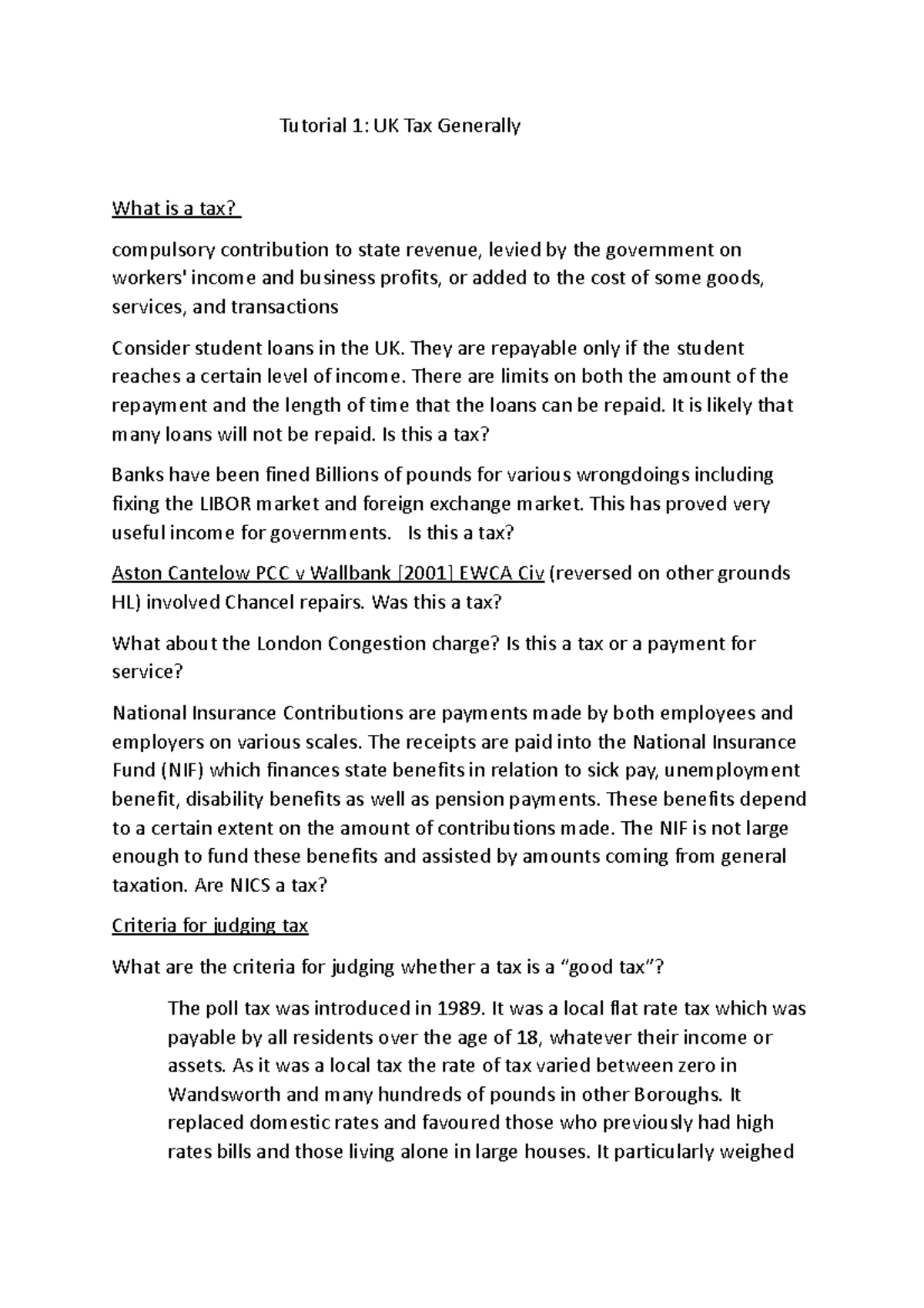 LLB Revenue Law 1 tax general 23 24 - Tutorial 1: UK Tax Generally What ...