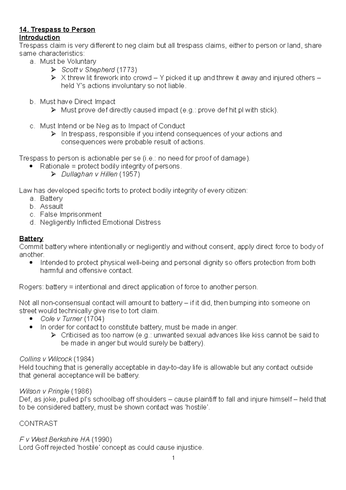 14. Trespass to Person - ....................... - Trespass to Person ...