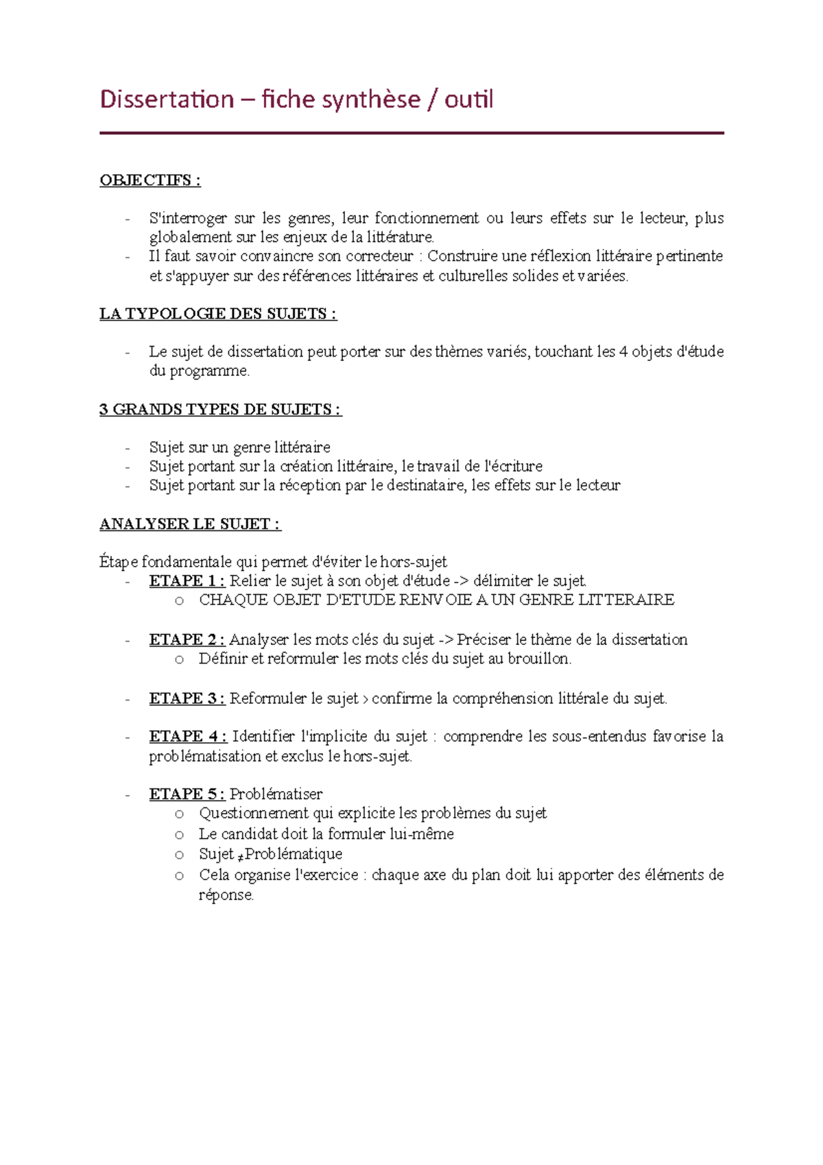 Dissertation – fiche synthèse : outil - Dissertation – fiche synthèse / outil OBJECTIFS : - Studocu