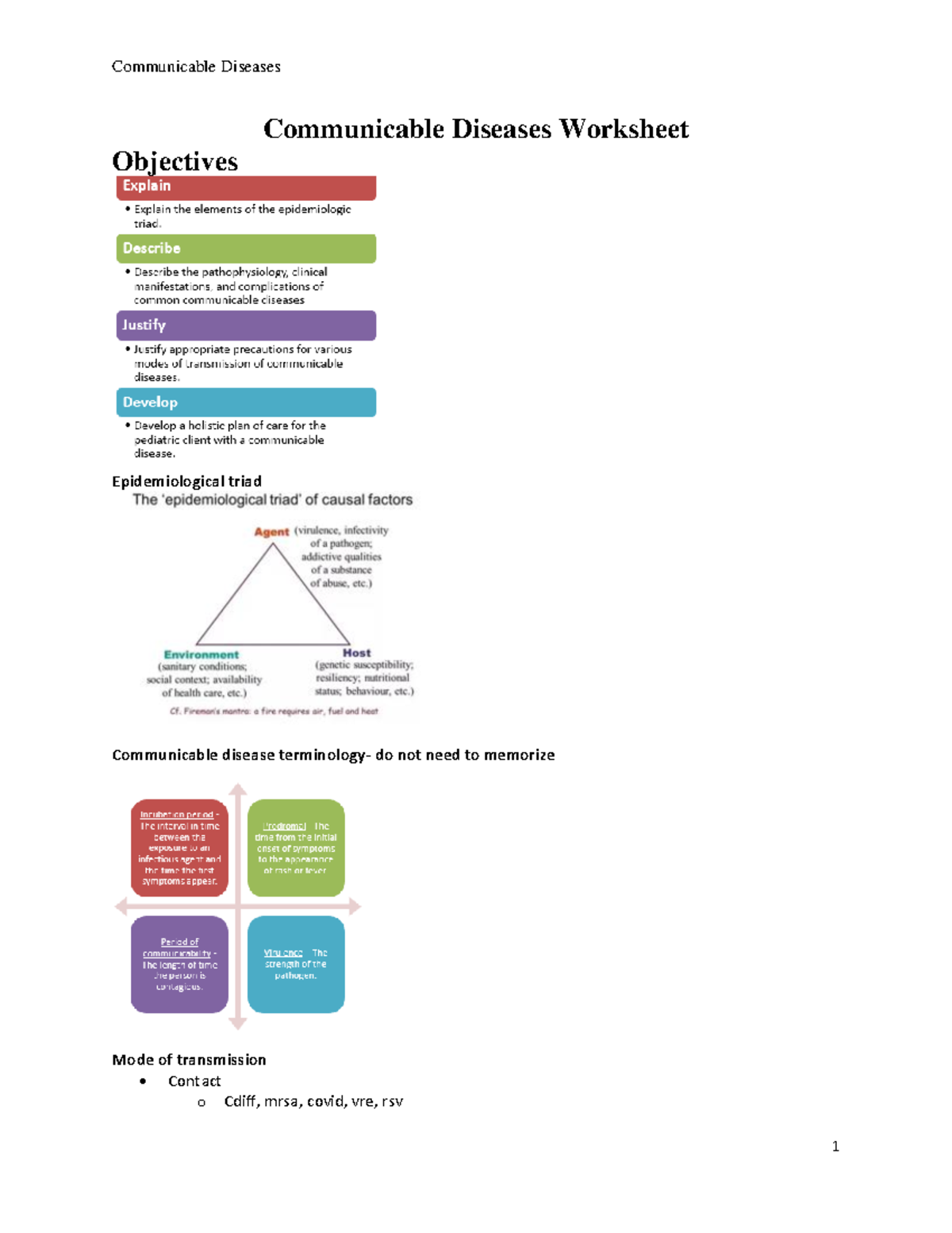 Communicable Diseases Worksheet - Communicable Diseases Worksheet ...