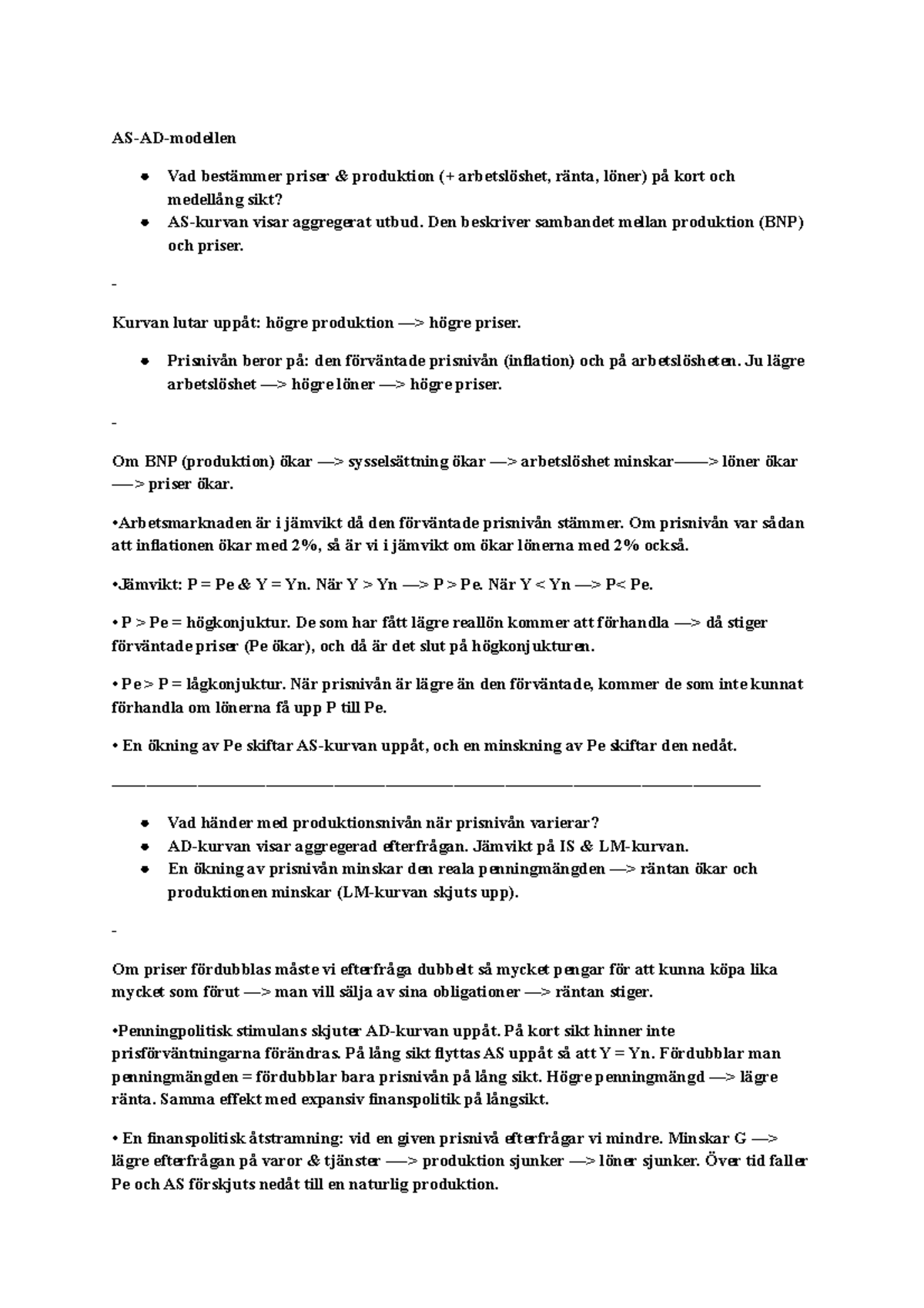 Sammanfattning - Makro - Begrepp modell - AS-AD-modellen Vad bestämmer ...