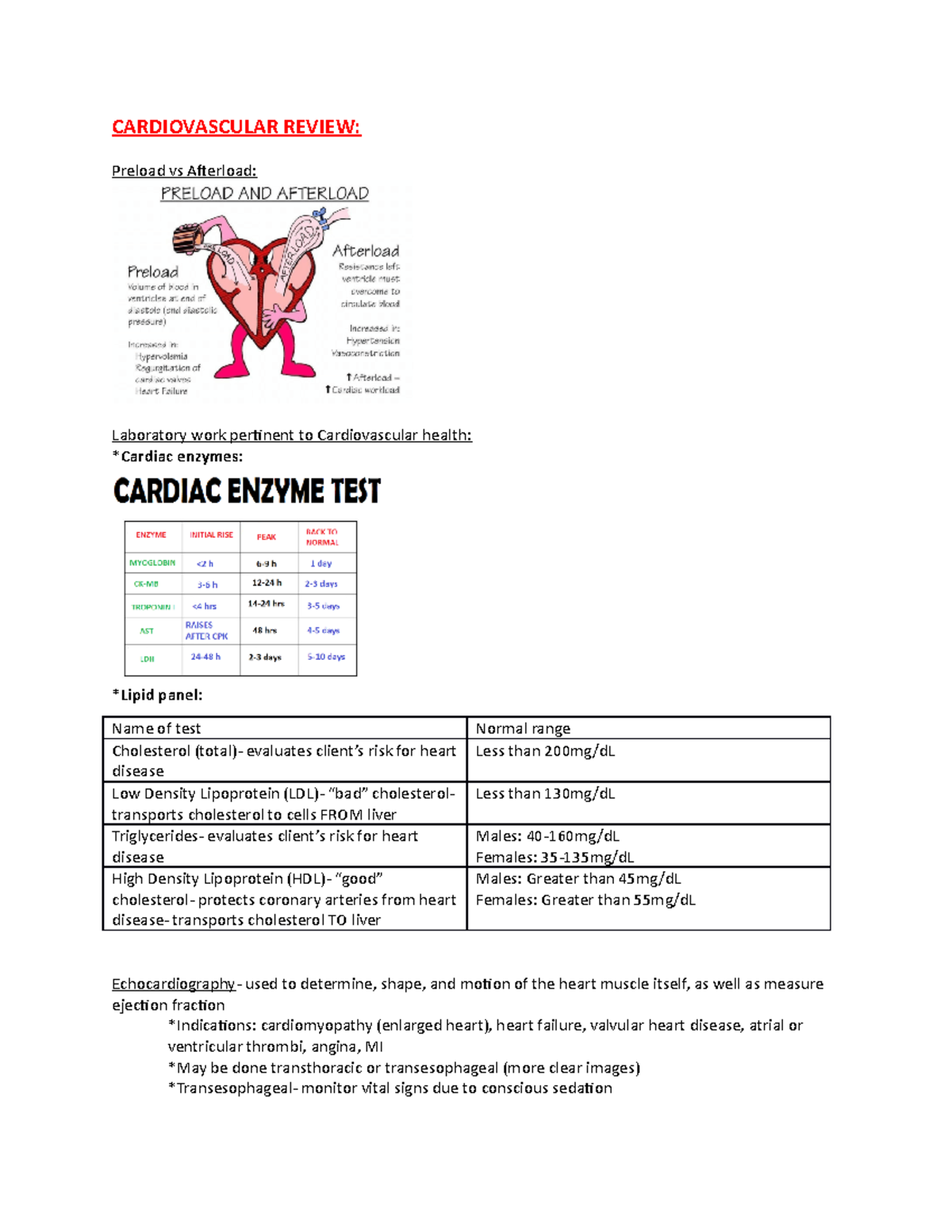 Cardiovascular Review Sheet - CARDIOVASCULAR REVIEW: Preload vs Afterload: Laboratory work ...