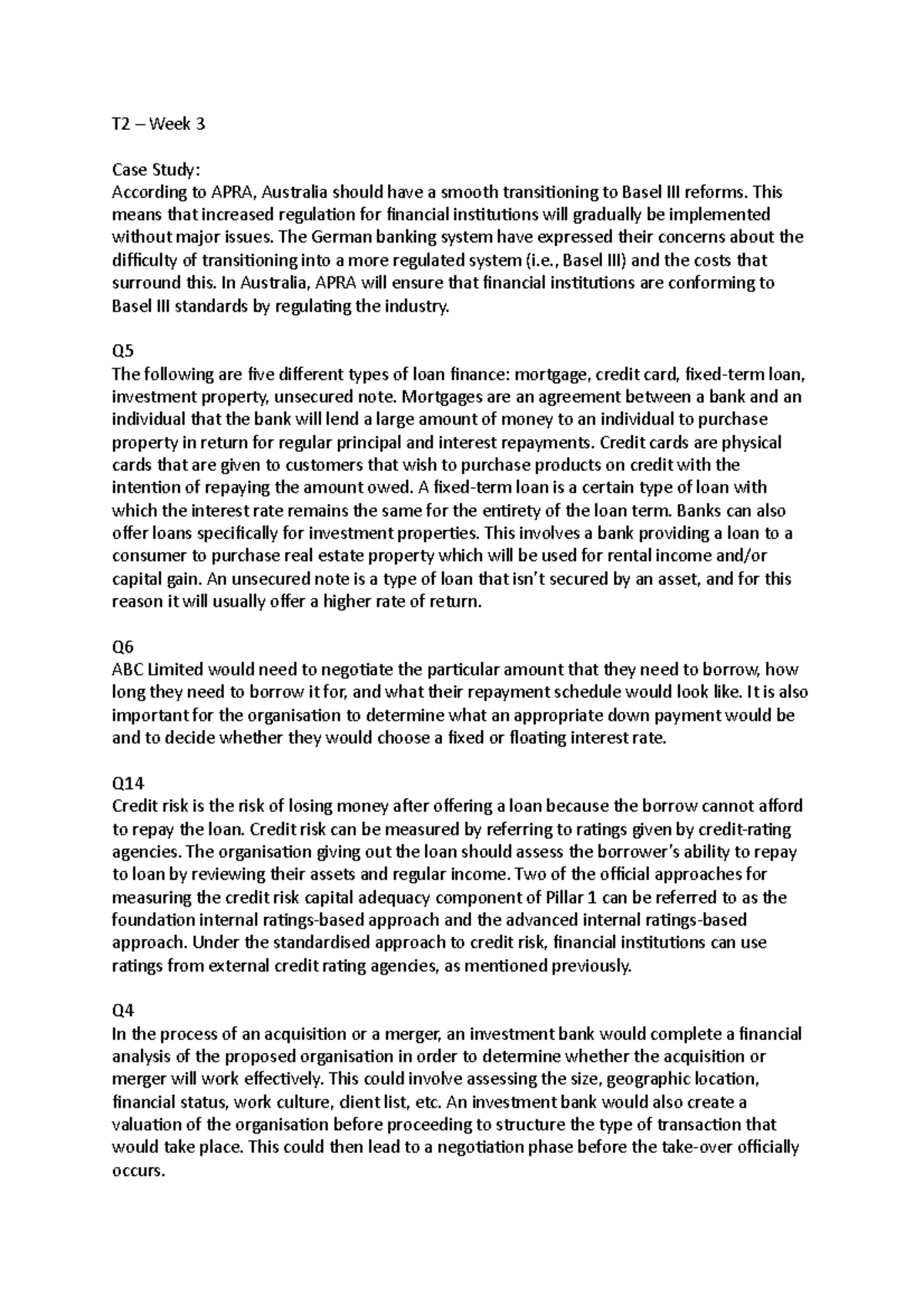 T2 Week 3 Case Study: APRA Basel reforms loan finance credit risk ...