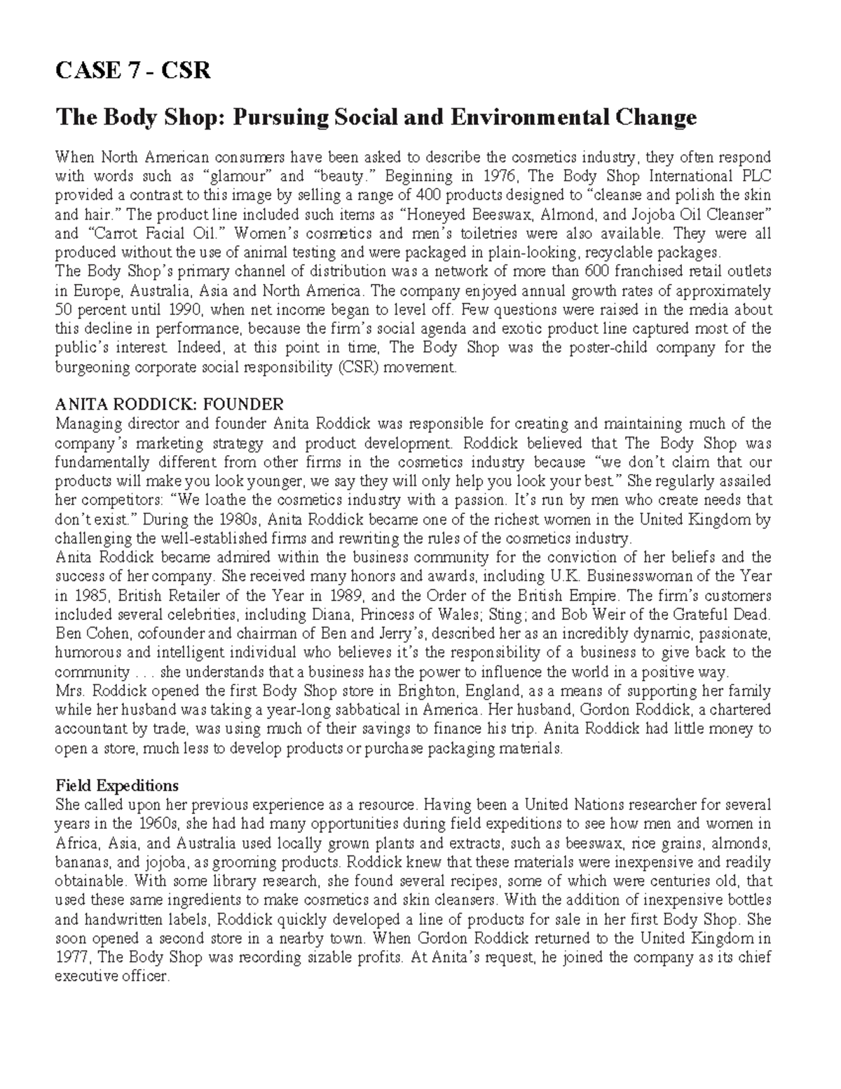 CASE 7 - etica caso 7 - CASE 7 - CSR The Body Shop: Pursuing Social and ...