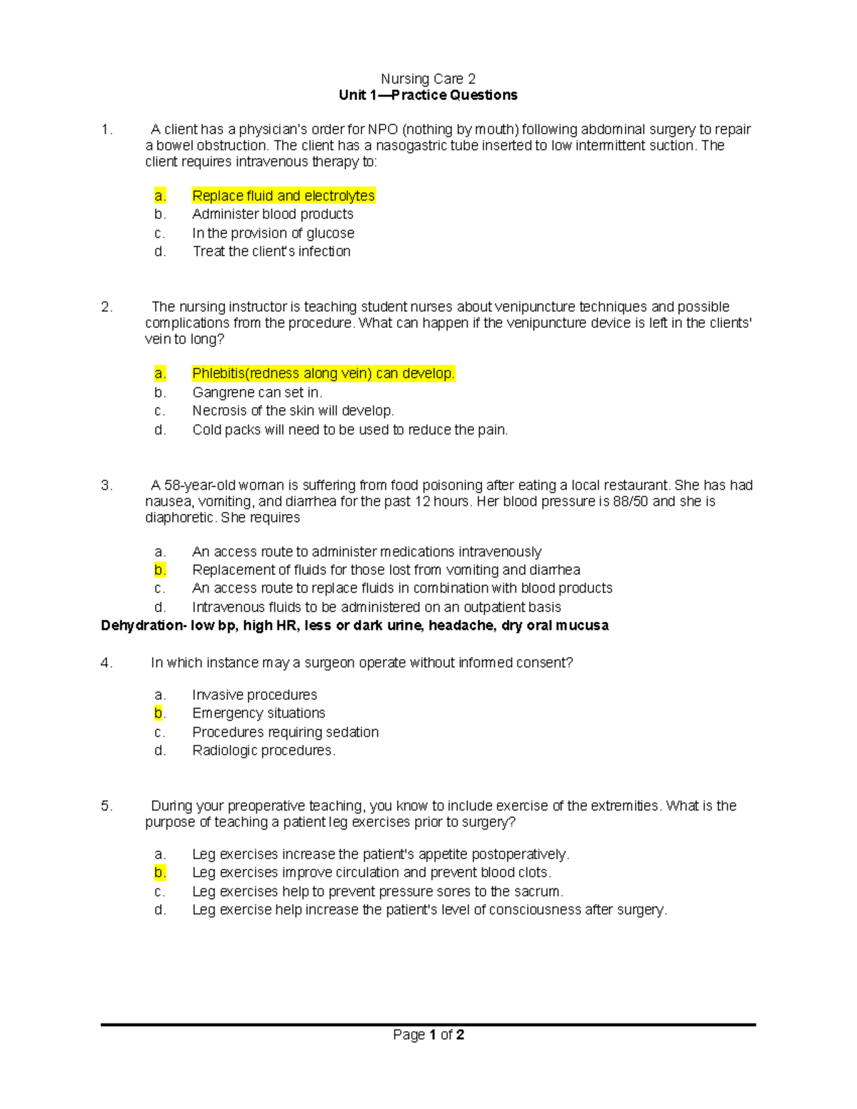 Unit 1 Practice Questions Nursing Care 2 Unit 1—practice Questions A Client Has A Physicians
