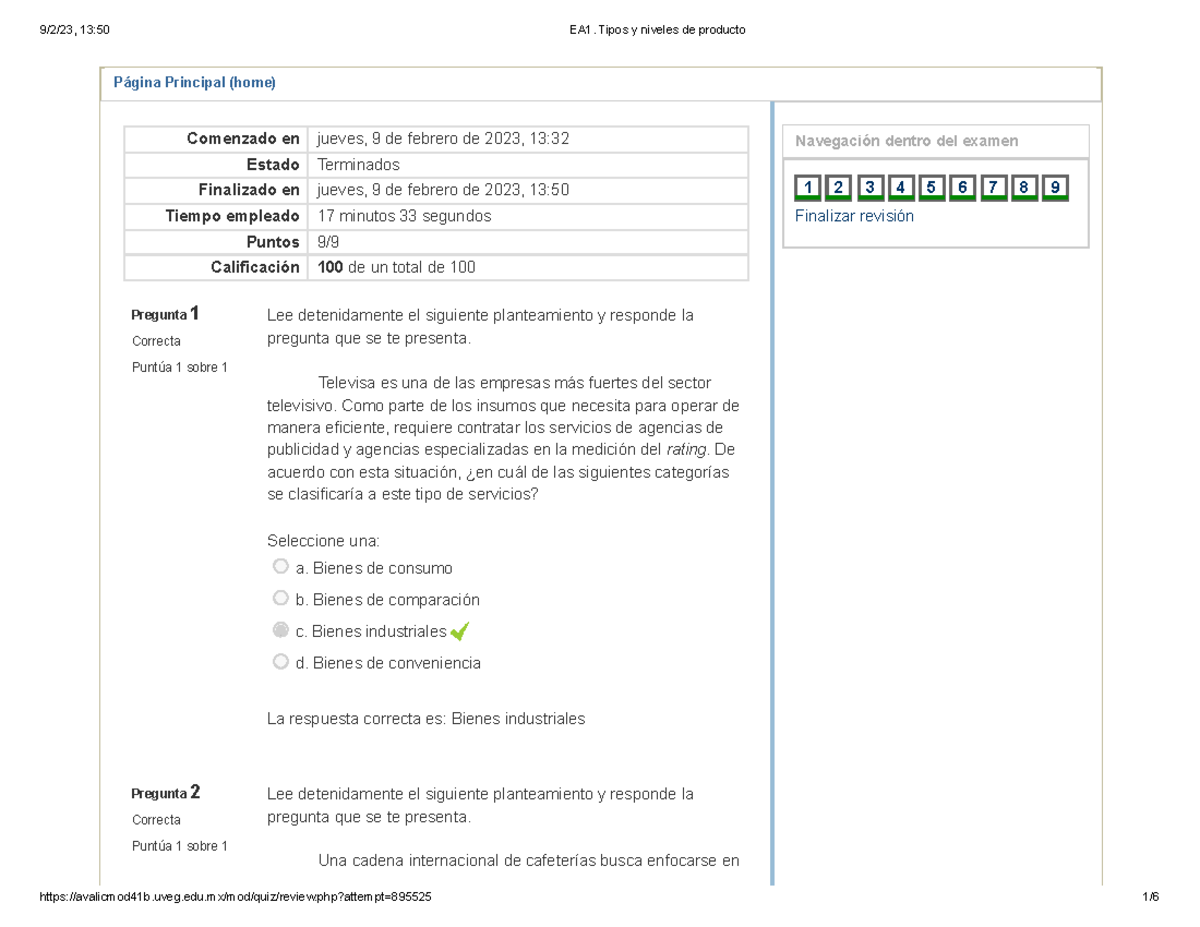 EA1. Tipos y niveles de producto exam1 - Página Principal (home) Pregunta 1 Correcta Puntúa 1 ...