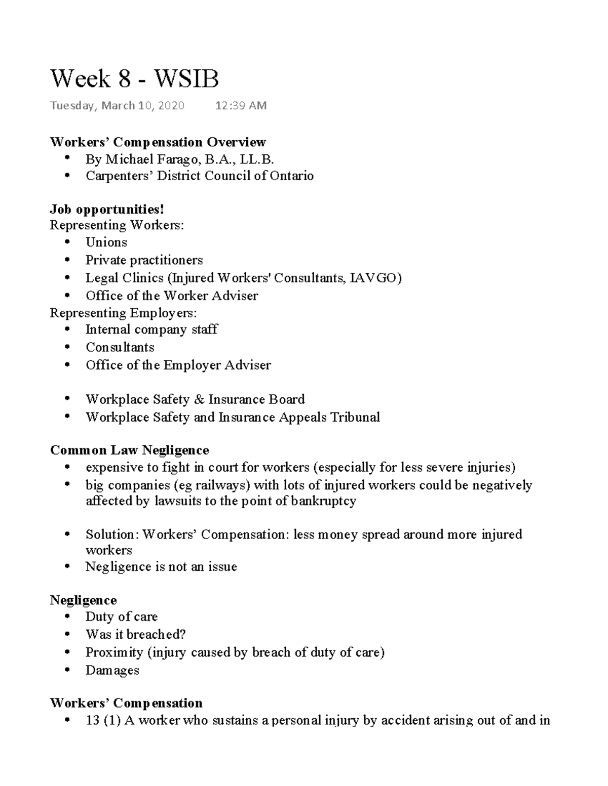 Week 8 - WSIB - Lecture notes 8 - Workers’ Compensation Overview - By ...