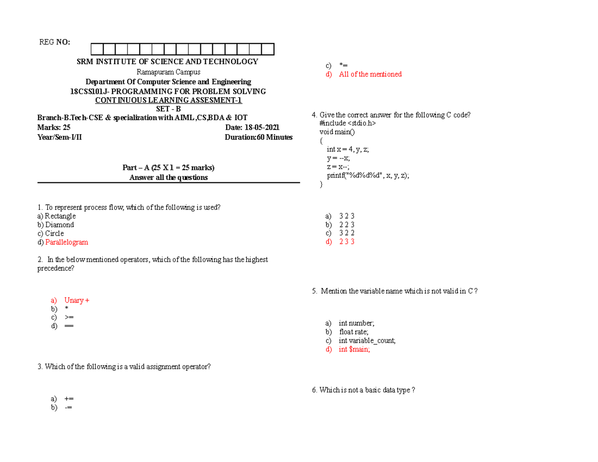 18css101j Pps Ct1 Questions Reg No Srm Institute Of Science And Technology Ramapuram Campus