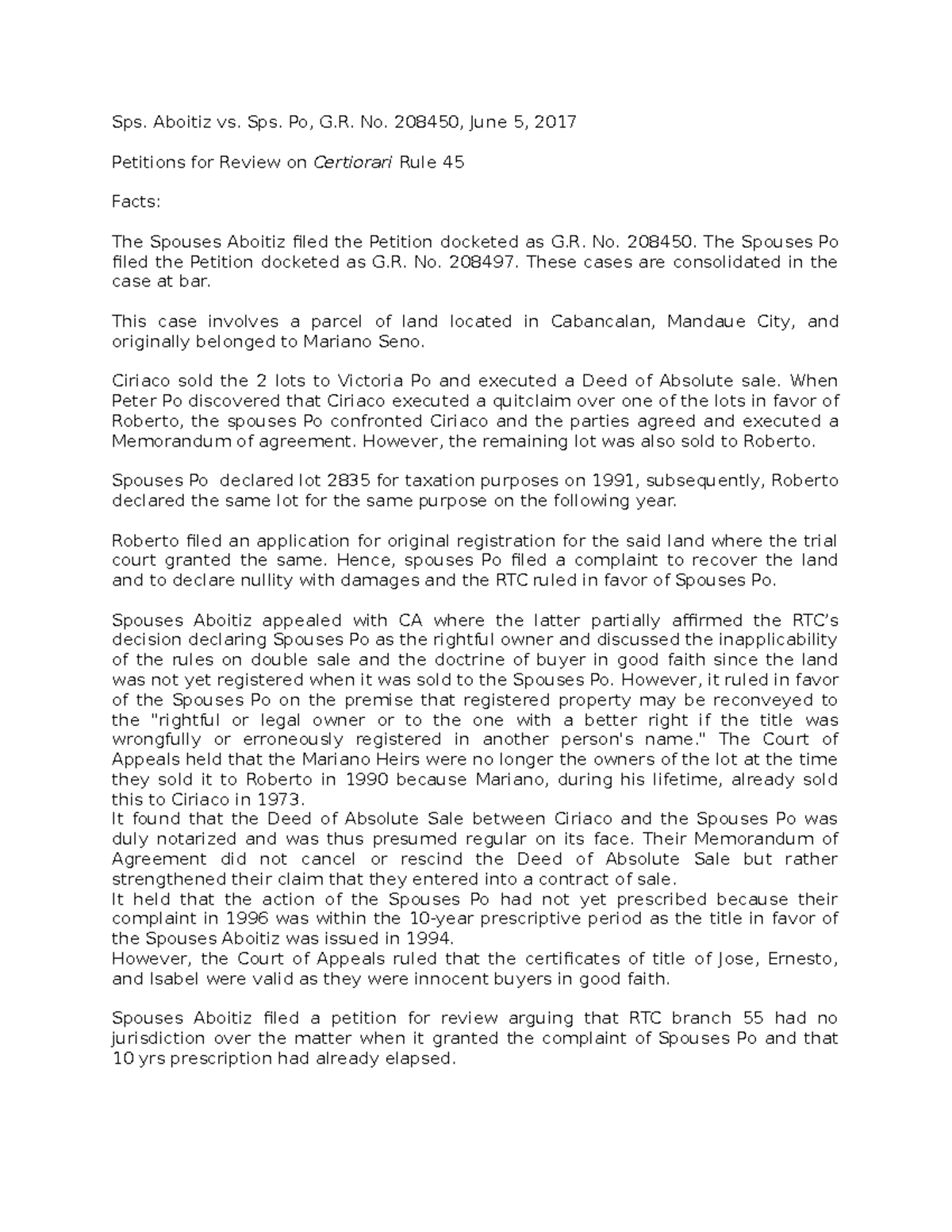 Civil Procedure 1 8242024 - Sps. Aboitiz vs. Sps. Po, G. No. 208450 ...