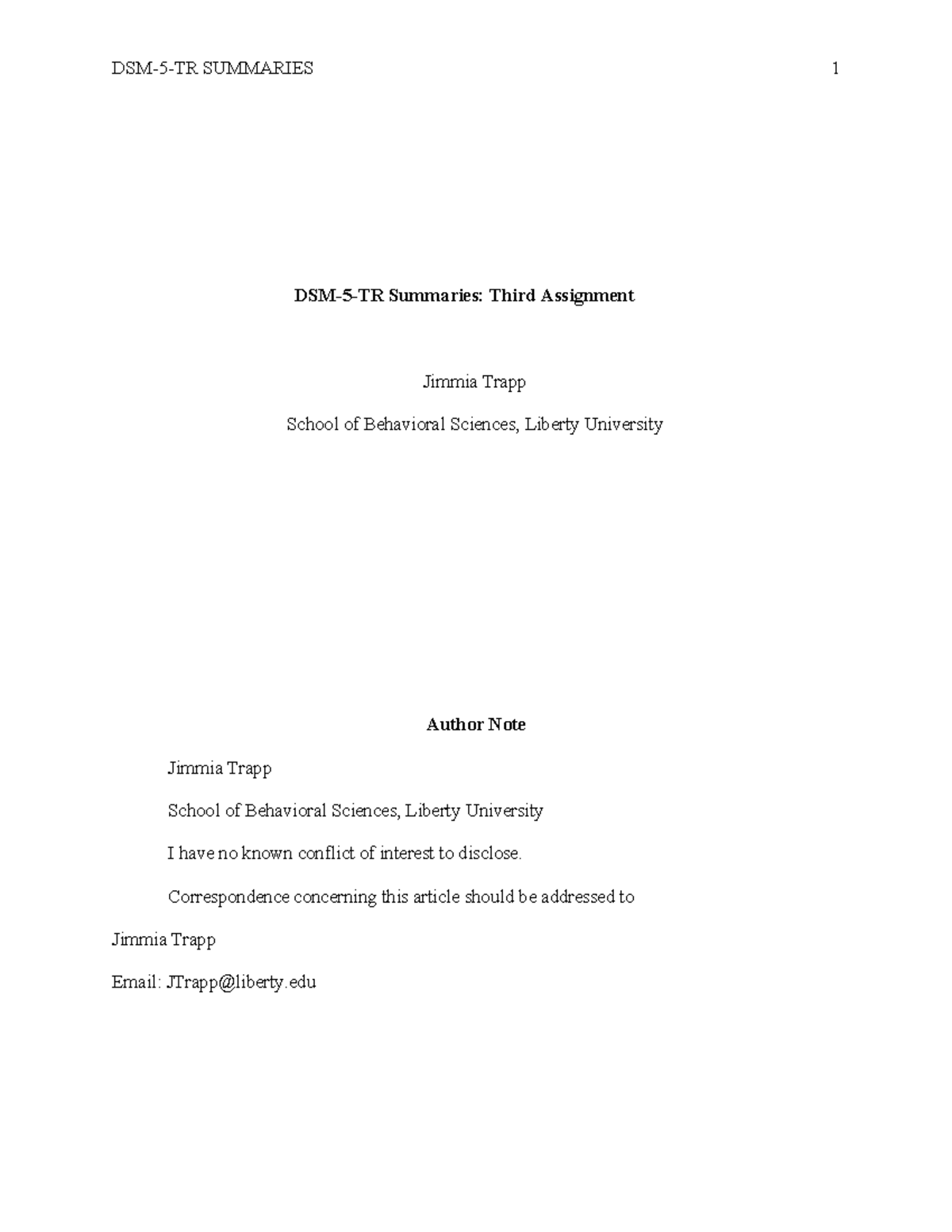 DSM-5-TR Summaries Third Assignment Final - DSM-5-TR Summaries: Third Assignment Jimmia Trapp ...