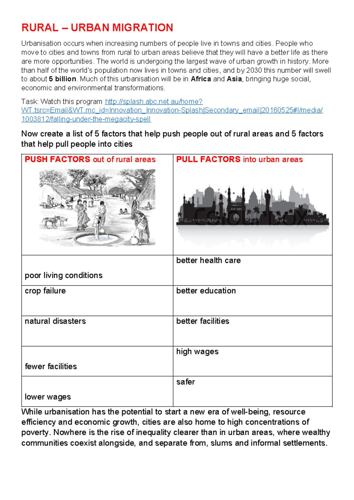 Work for weeks 4 and 5 Geo - RURAL – URBAN MIGRATION Urbanisation ...