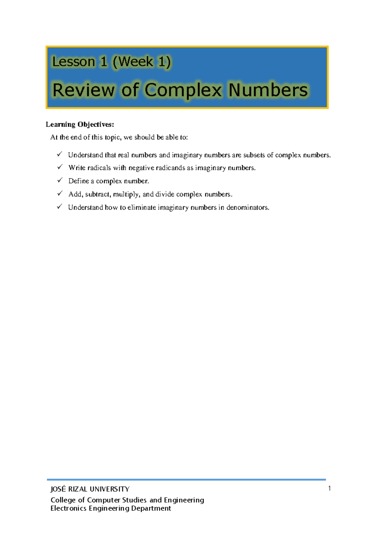 Circuits 2 - Week 1 - Review of Complex Numbers - 1 JOSÉ RIZAL ...
