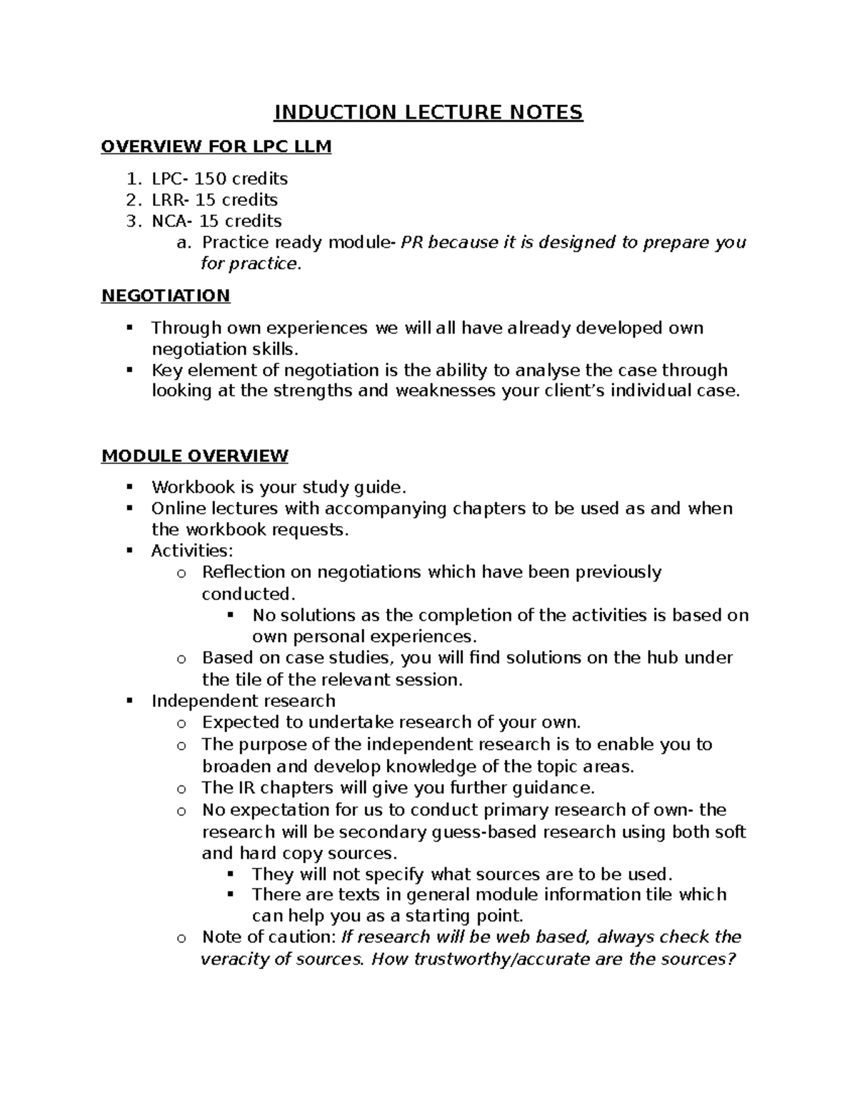 NCA Induction Notes - INDUCTION LECTURE NOTES OVERVIEW FOR LPC LLM LPC ...