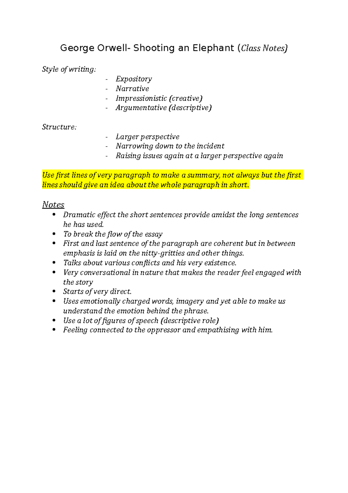 George Orwell- class notes - George Orwell- Shooting an Elephant (Class ...