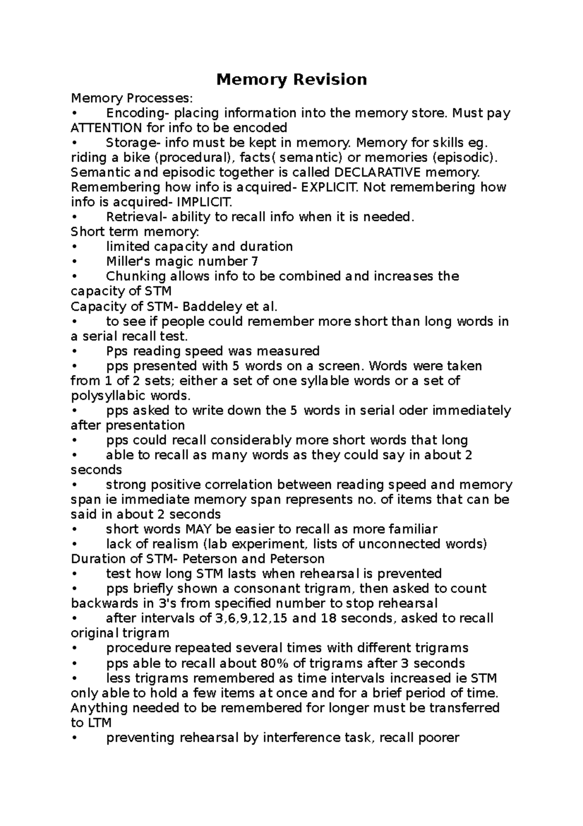 Memory Revision - Memory Revision Memory Processes: Encoding- placing ...