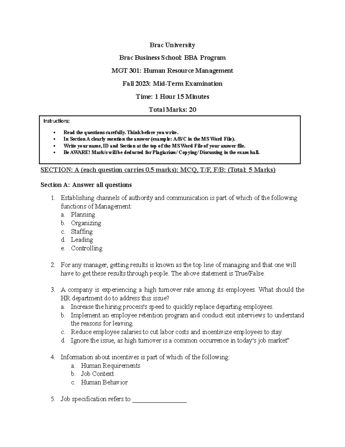 MGT 301 Fall 2023 Mid Term Question Paper (Sec - 1) (Online Exam ...