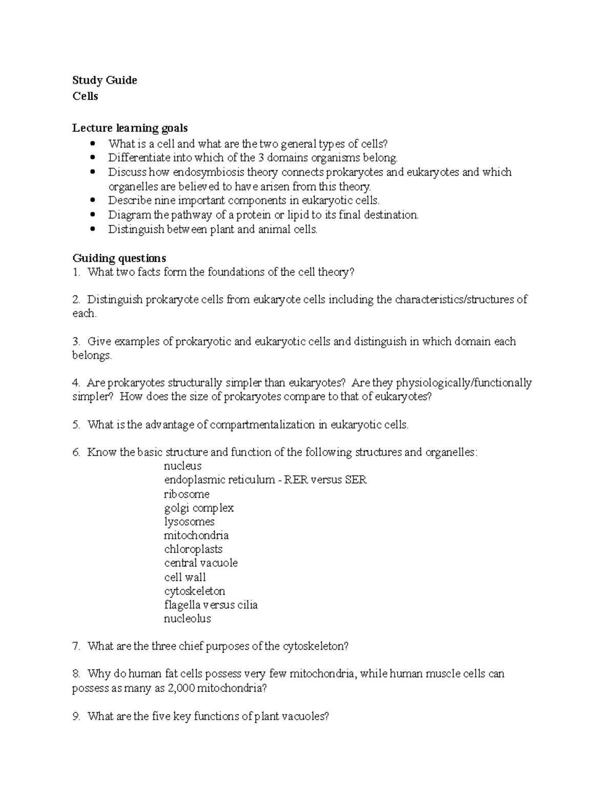Study guide cells - Biology 101 Lecture - Study Guide Cells Lecture ...