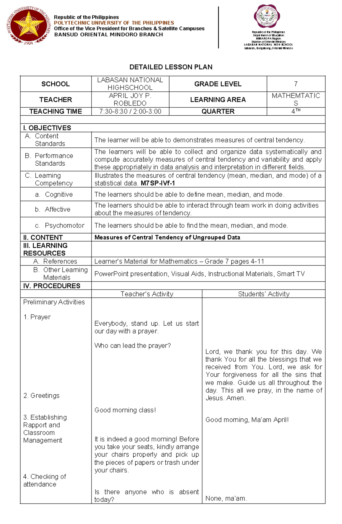 Lesson plan final demo - POLYTECHNIC UNIVERSITY OF THE PHILIPPINES Office of the Vice President ...