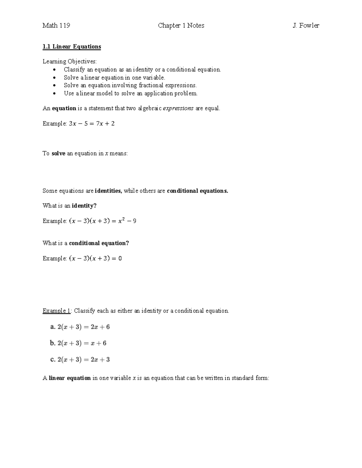 Unit 2 - Chapter 1 - 1 Linear Equations Learning Objectives: Classify ...