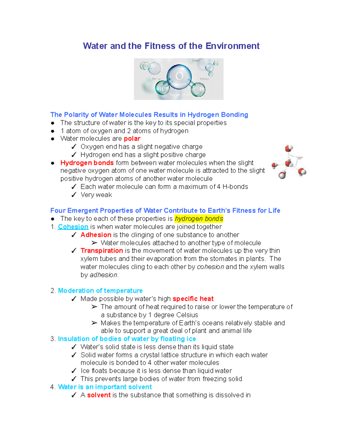 Water and the Fitness of the Environment - Notes - Water and the ...