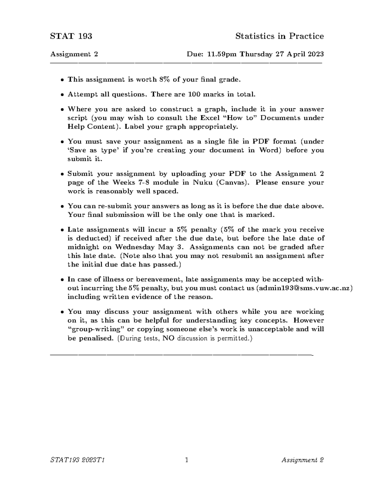 STAT193 Assignment 2 2023T1 - STAT 193 Statistics in Practice ...