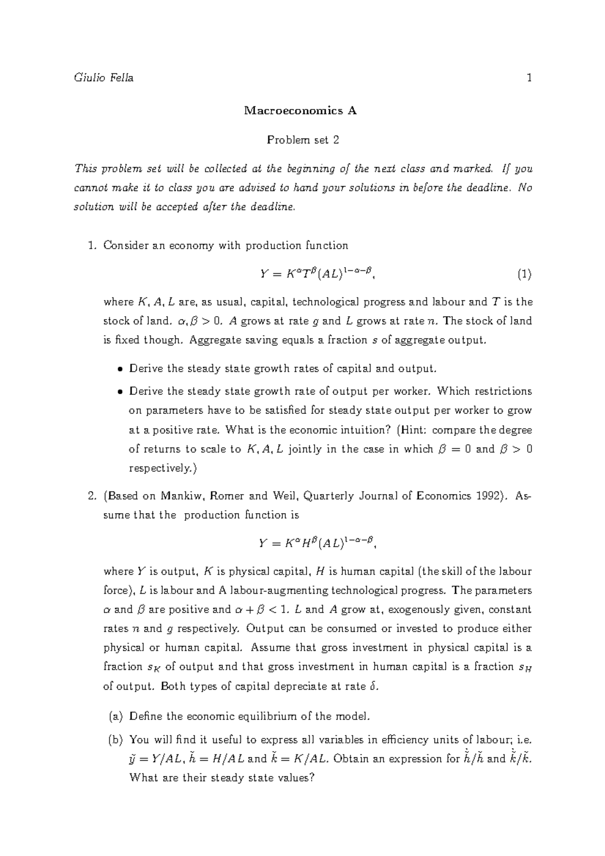 Seminar assignments - Exercise 2 - Giulio Fella 1 Macroeconomics A ...