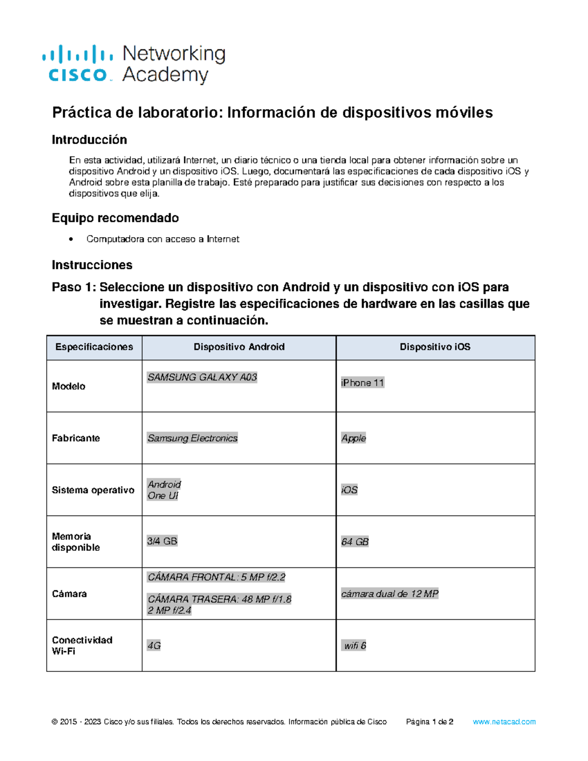 7.1.1.10 Lab - Mobile Device Information- Diana - 2015 - 2023 Cisco y/o ...