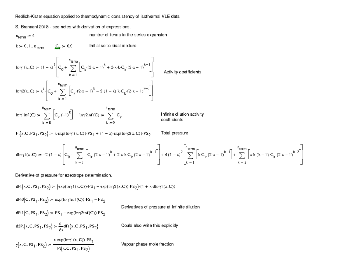 Mathcad - VLE consistency RK fit of Ptot - Redlich-Kister equation ...
