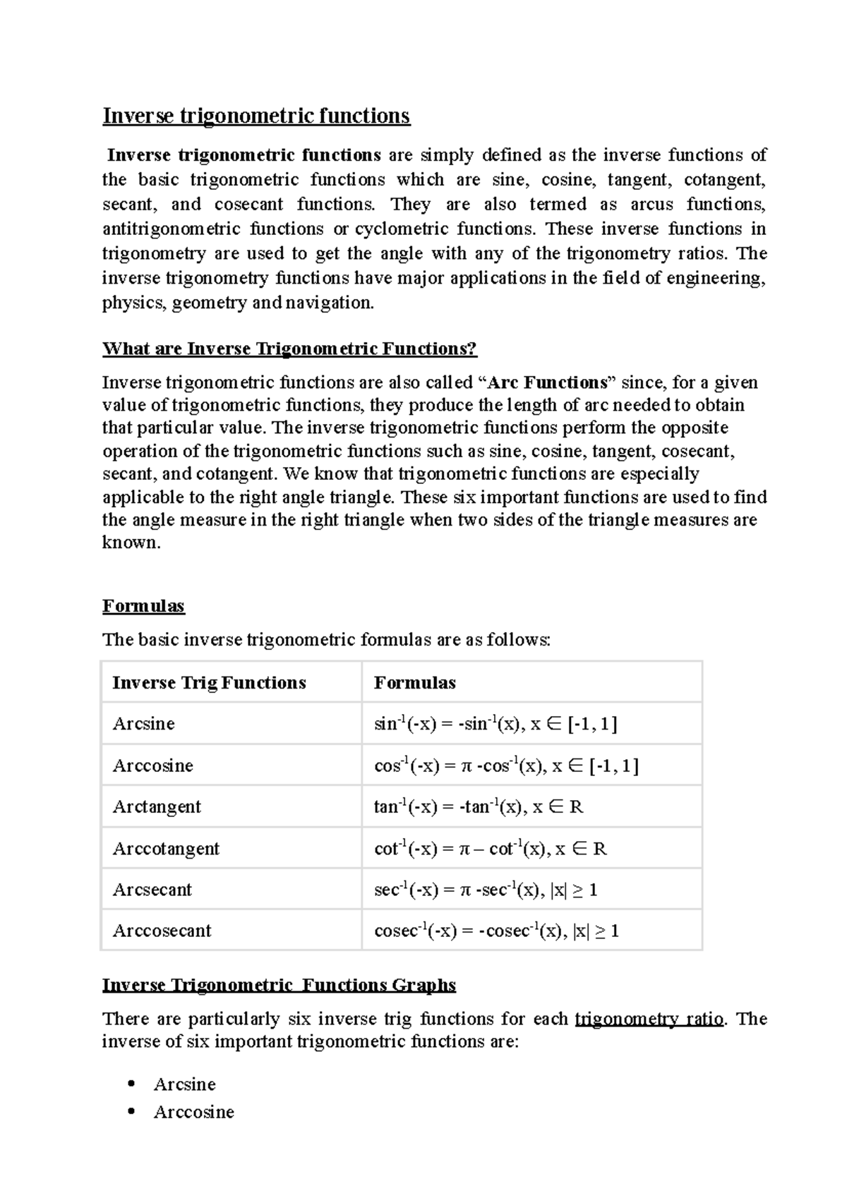 Inverse trigonometric functions - Inverse trigonometric functions Inverse trigonometric ...