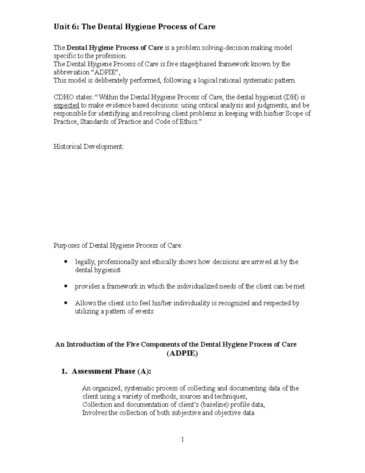 Unit 6 Dental Hygiene Process of Care - The Dental Hygiene Process of ...