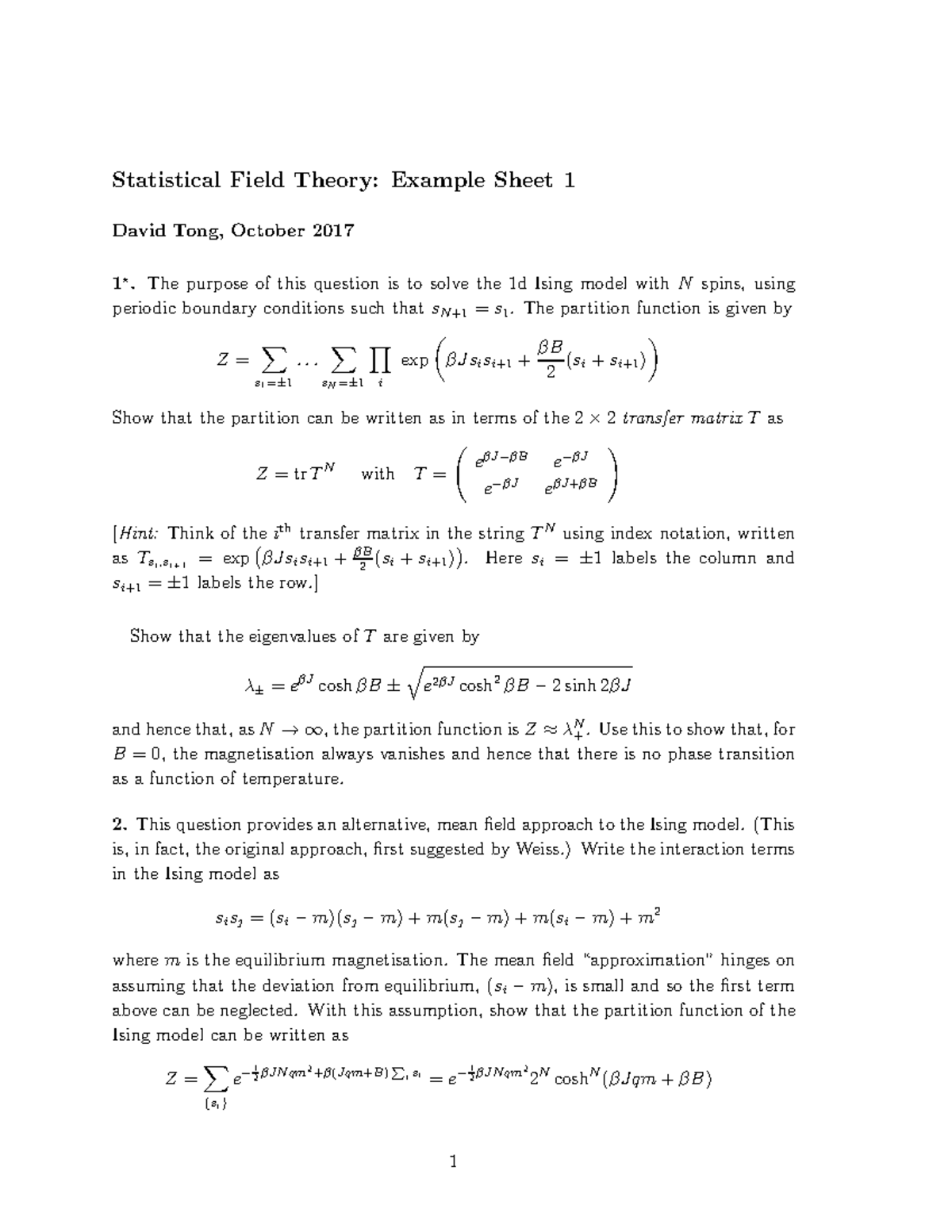 Statistical Field Theory 2017 2018 Example Sheet 1 Mean Field Theory Statistical Field 