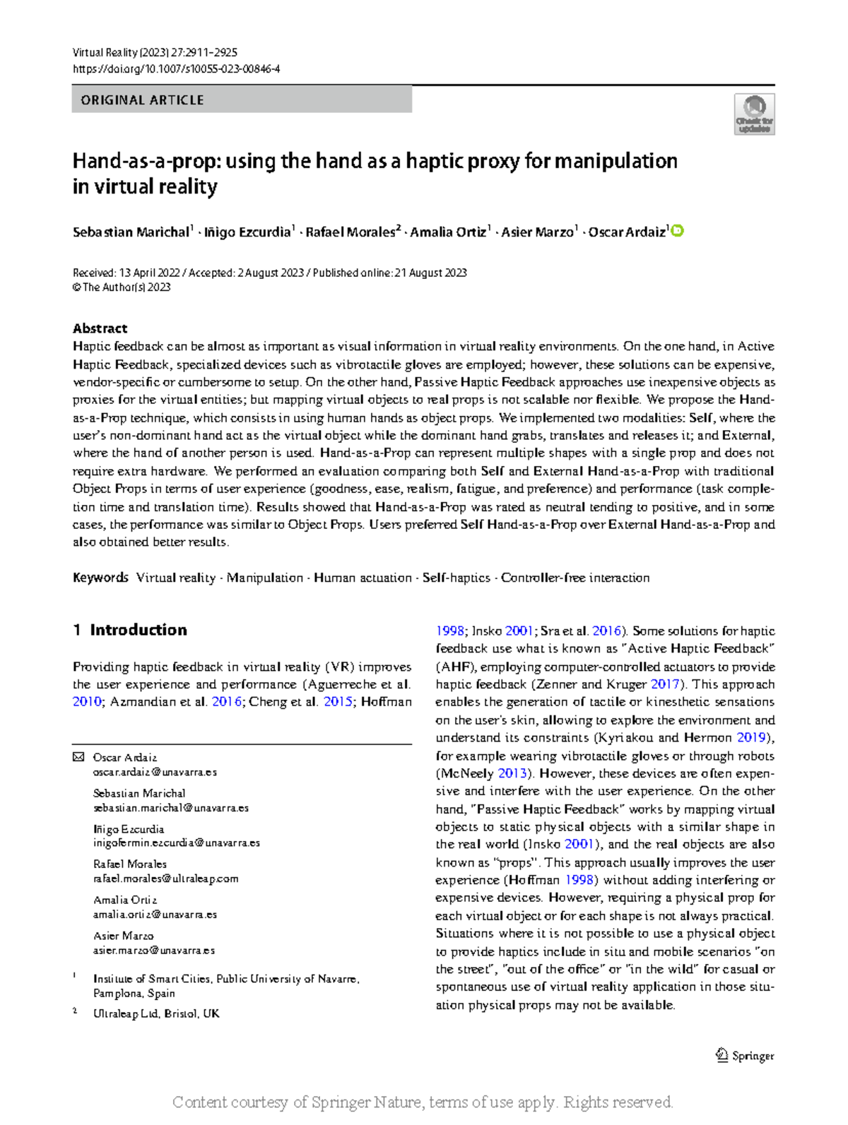 The haptic hand providing user interface feedback with the non-dominant ...