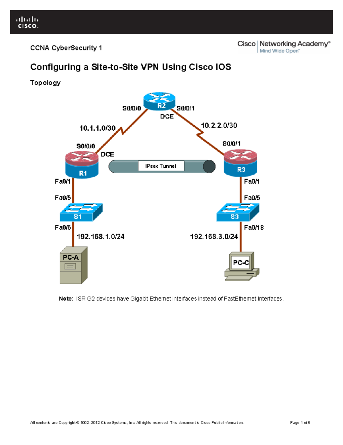 Surname Lab Site2Site-VPN - Configuring a Site-to-Site VPN Using Cisco IOS Topology Note: ISR G2 ...