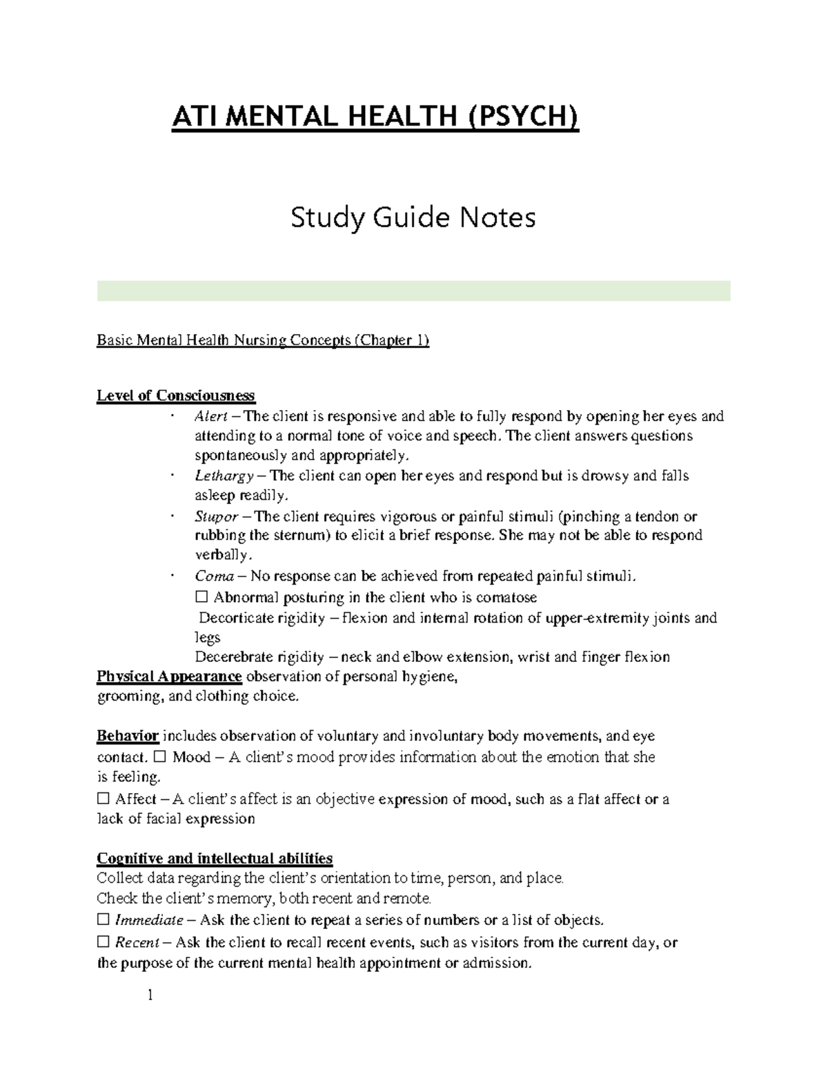Basic Mental Health Nursing Concepts Study Guide Notes Chapter 1-3 ...