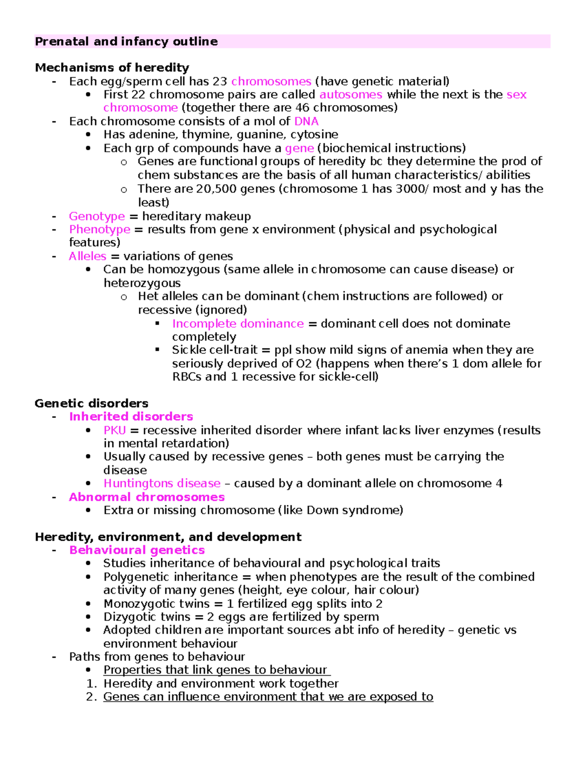 2. Prenatal and infancy outline - Prenatal and infancy outline ...