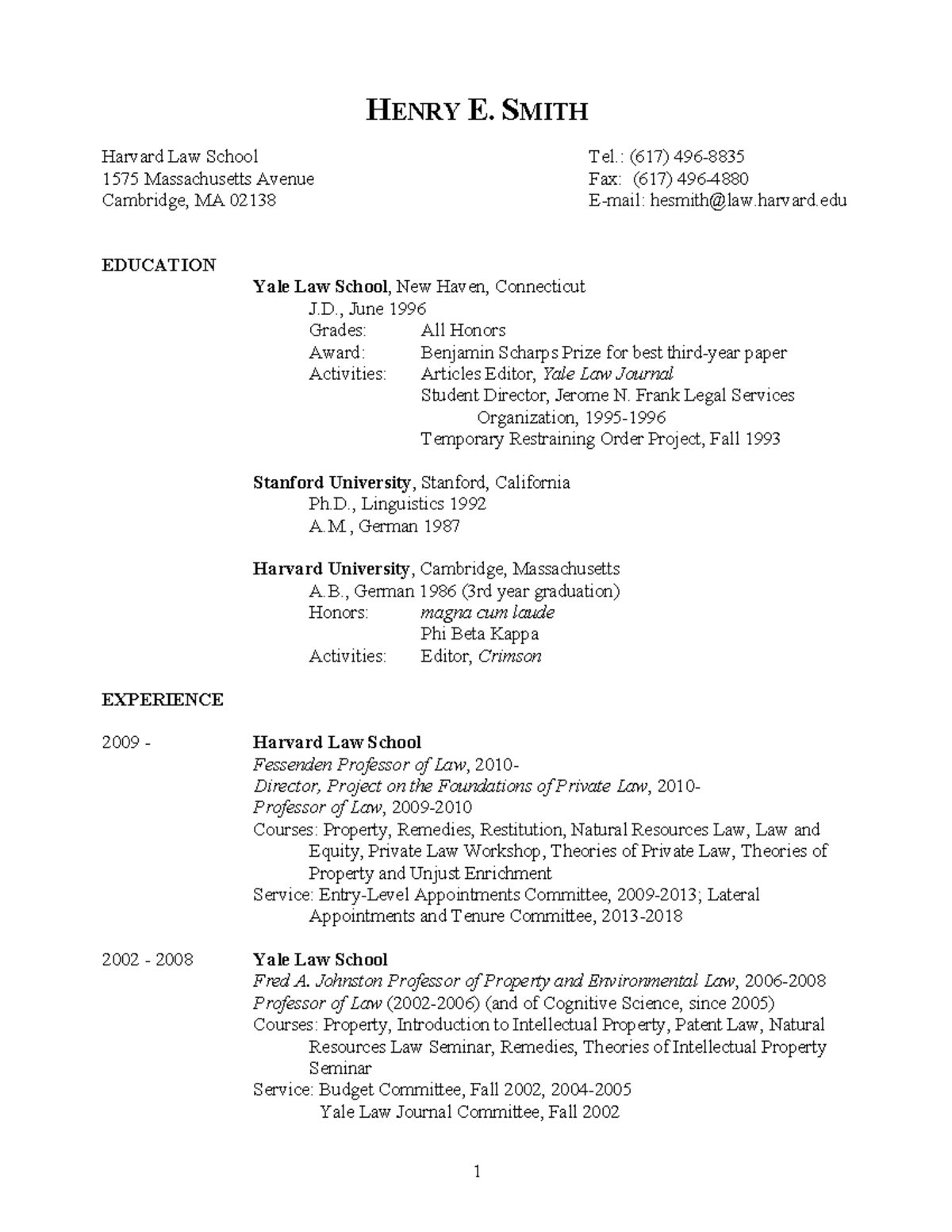 Smith CV - HENRY E. SMITH Harvard Law School Tel.: (617) 496- 1575 ...