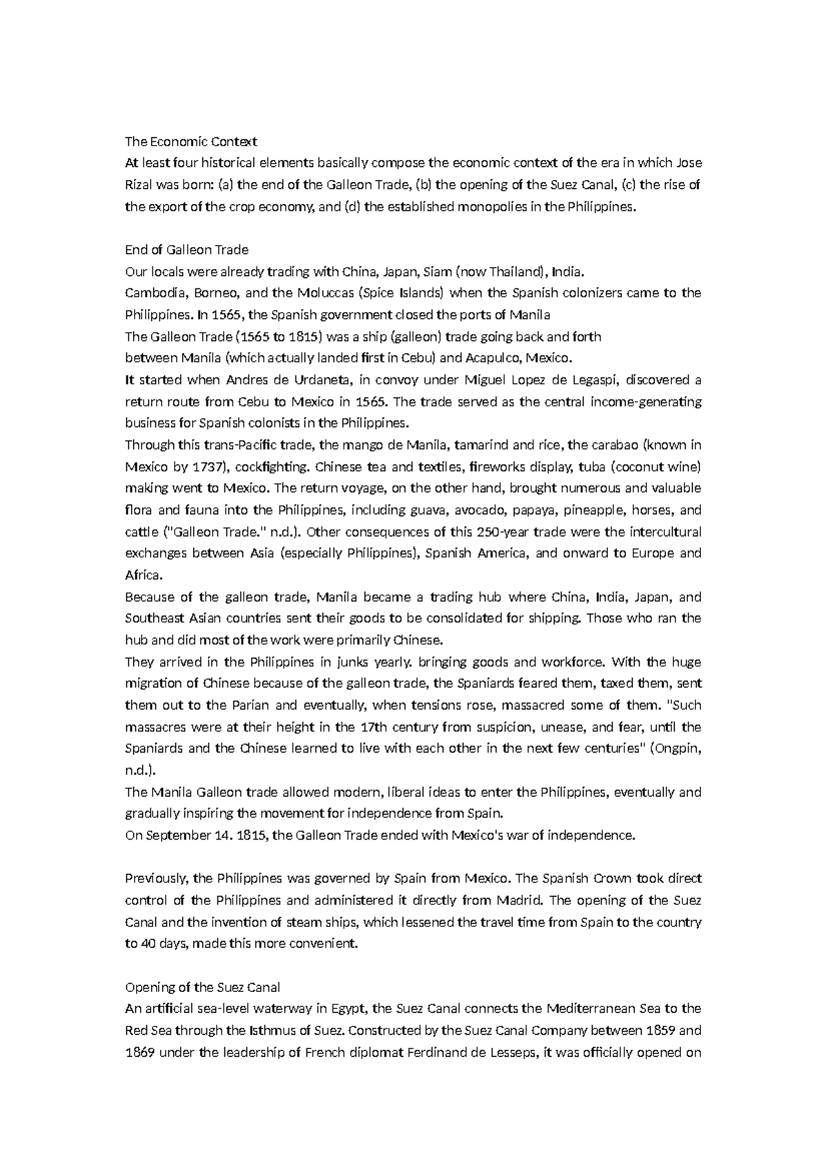 Rizal-Chapter-2 - rizal - The Economic Context At least four historical ...