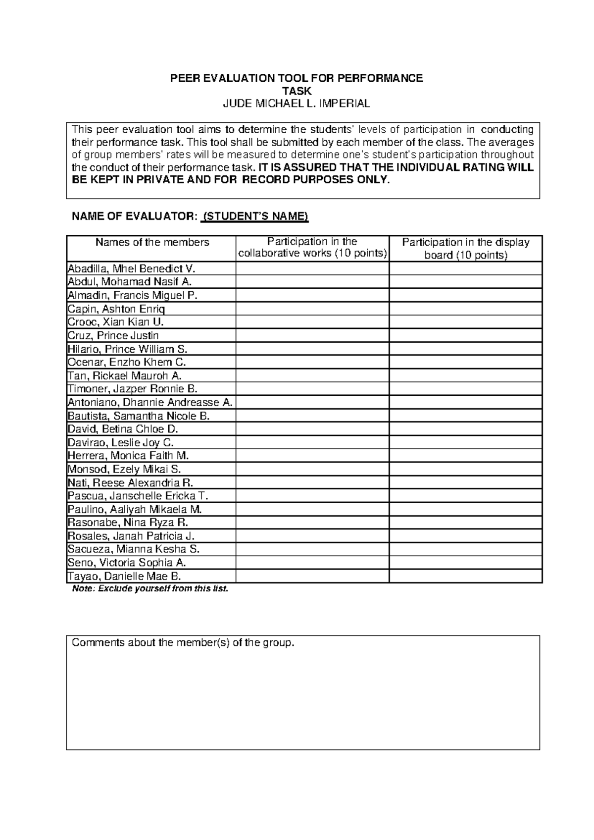 Peer-Evaluation-Tool-For-Performance Task-G7 - PEER EVALUATION TOOL FOR ...